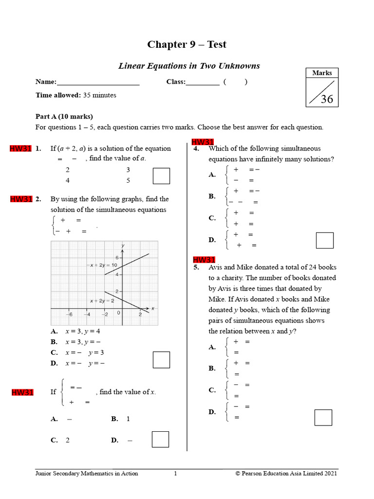 S2 09 Linear Equations in Two Unknowns ChapterTest | PDF | Equations ...