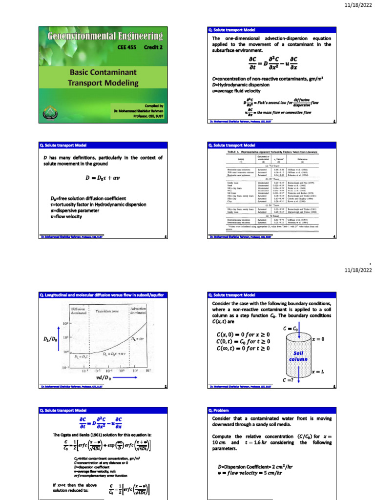 BSC Engg (17-18) - CEE 455 - GEE - Basic Contaminant Transport Modeling | PDF