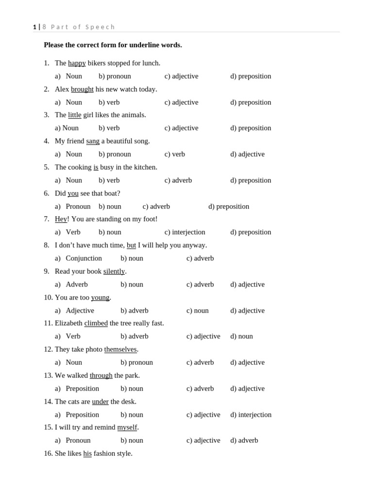 8 Parts of Speech Tests | PDF | Adverb | Part Of Speech