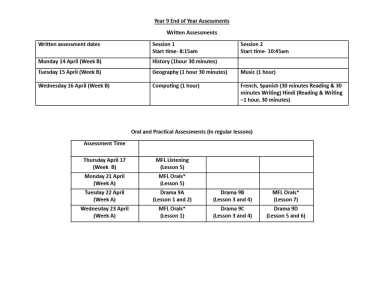 Year 9 End of Year Assessment Schedule | PDF