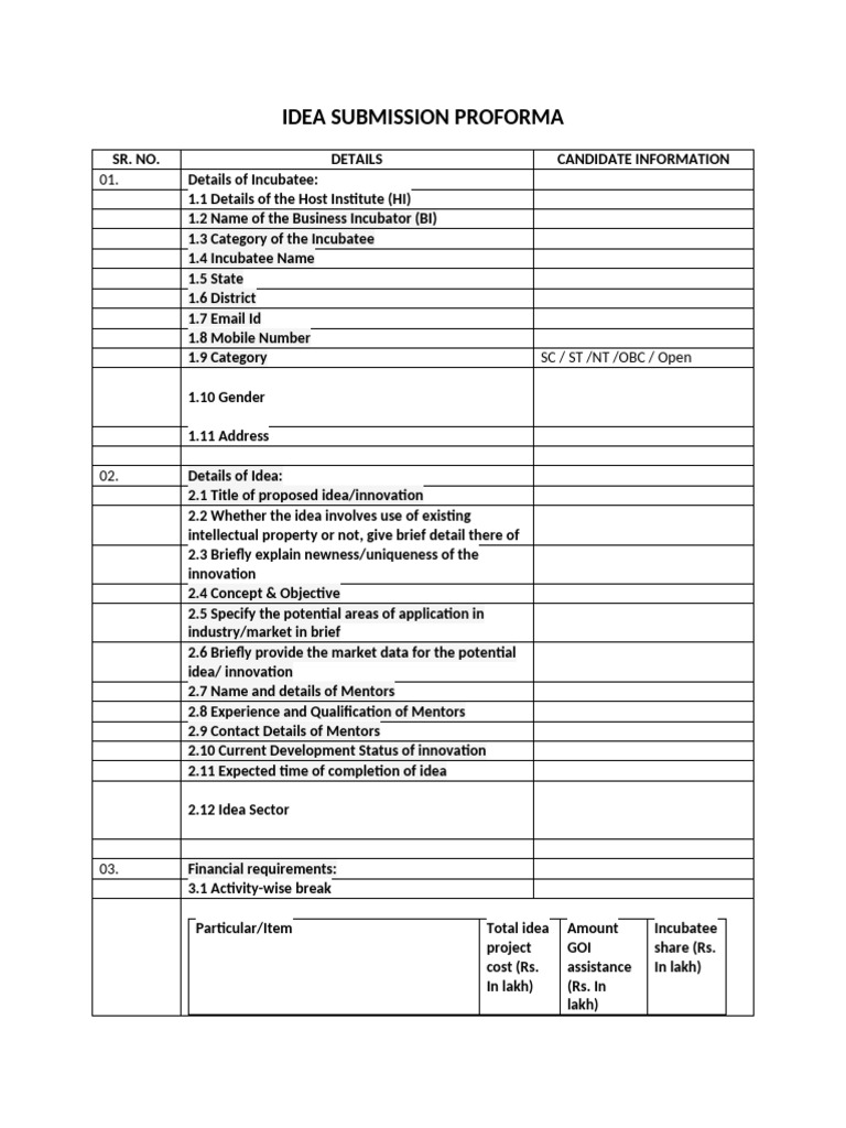 IDEA Submission Proforma | PDF | Intellectual Property | Business Incubator