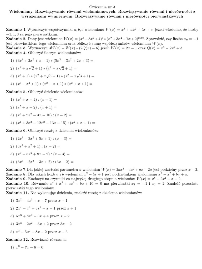 Cwiczenia - Wielomiany | PDF