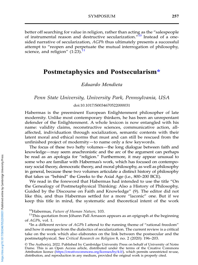 Postmetaphysics and Postsecularism - Jurgen Haberm | PDF | Jürgen ...