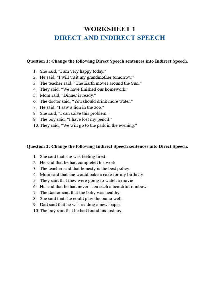Direct And Indirect Speech Class5th Pdf