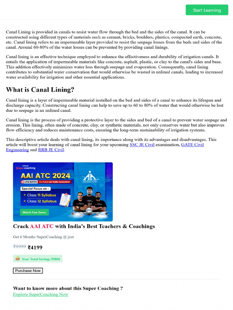 Canal Lining_ Learn Types, Factors, Advantages & Disadvantages | PDF