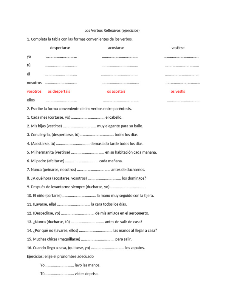 Verbos Reflexivos (ejercicios) | PDF