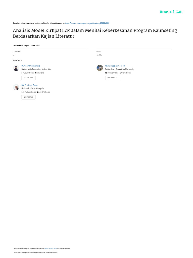 Analisis Model Kirkpatrick Dalam Menilai Keberkesanan Program Kaunseling Berdasarkan Kajian ...