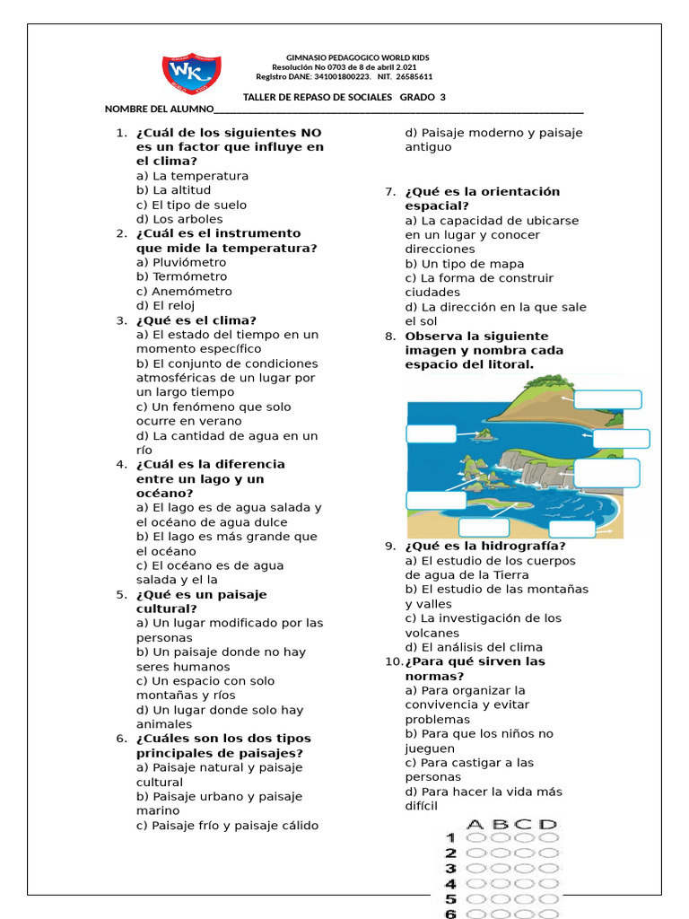 Taller de Repaso Sociales Grado 3 | PDF | Clima | Océanos