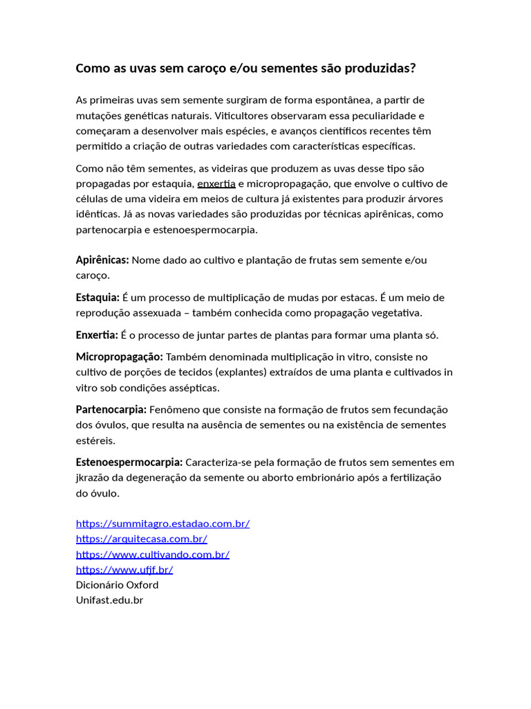 Produção de Uvas Sem Semente: Métodos e Técnicas | PDF