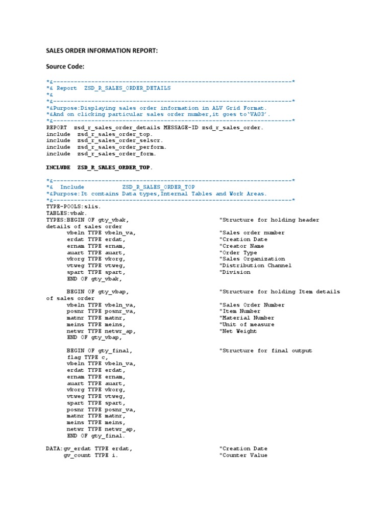 Sales Order Details Report in ALV Format | PDF | Data Type | Parameter ...