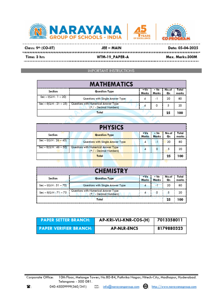 9TH CO-IIT PAPER-A JEE-MAIN WTM-19 QP DT 05-04-2025 | PDF | Thermal ...