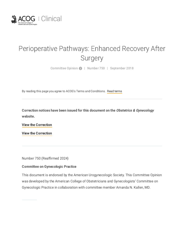 Perioperative Pathways - Enhanced Recovery After Surgery - ACOG | PDF ...