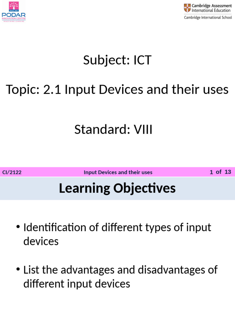 CAIE VIII ICT Ch2 Unit 2.1 Input Devices and Their Uses | PDF ...