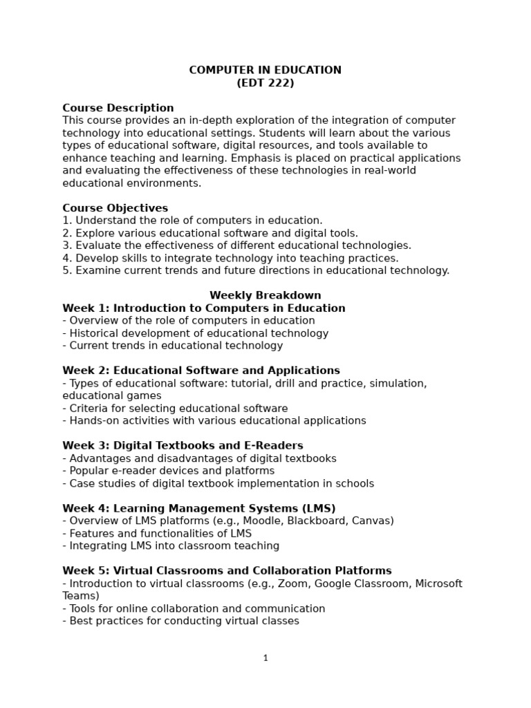 Computer In Education Edt 222 2024 Lecture Material Pdf Educational