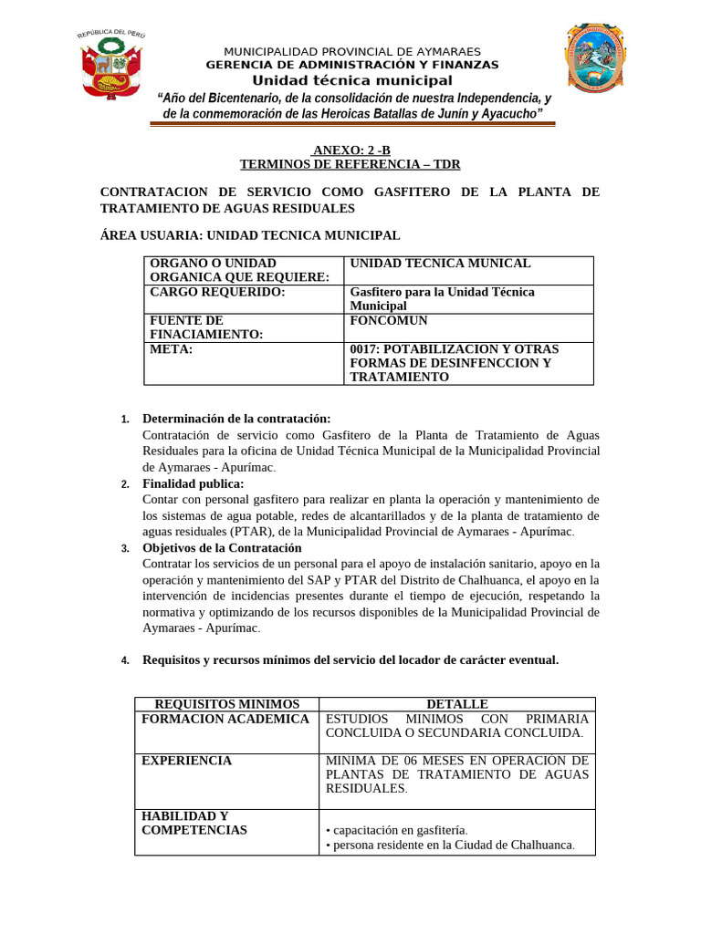 ANEXO 2B - TDR - LOCACION Javier 2024 | PDF | Saneamiento | Tratamiento de aguas residuales