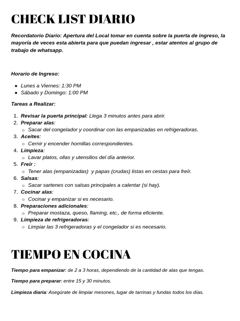 CHECK LIST DIARIO (1) | PDF | Higiene | Cocinando