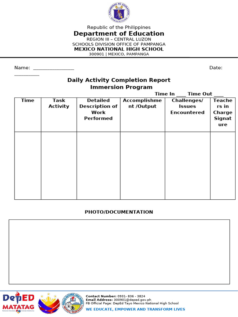 Daily Activity Report for Immersion Program | PDF