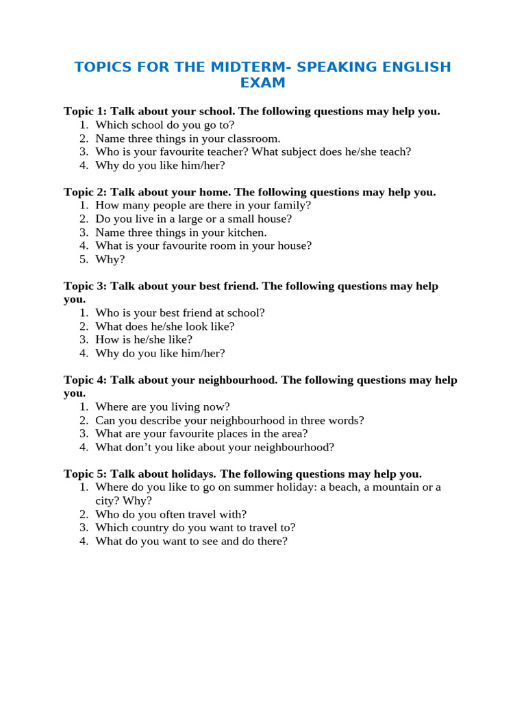 Midterm English Speaking Exam Topics | PDF