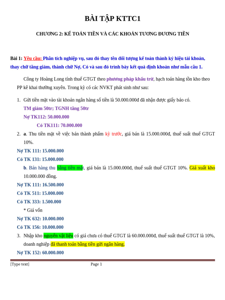 BÀI TẬP - KTTC1 - chuong 2 | PDF