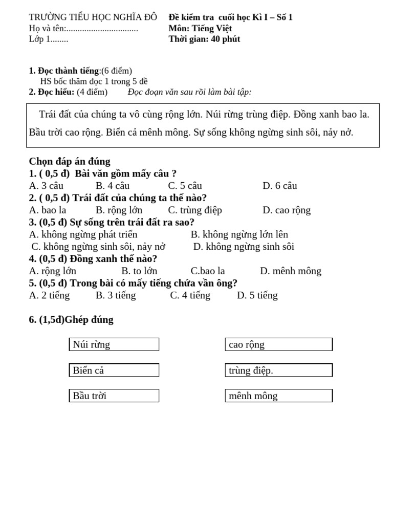 Ôn CK1 Tiếng Việt - số 1 | PDF