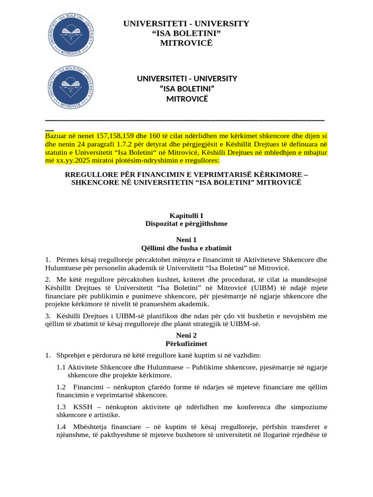 14.03.2025 - Rreg Per Financimin e Veprimtarise Kerkimore Dhe Shkencore Ne Uibm | PDF
