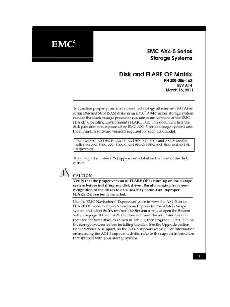 Disk and FLARE OE Matrix: EMC AX4-5 Series Storage Systems | PDF | Disk ...