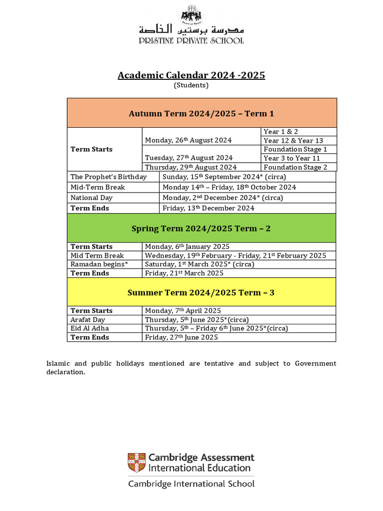 Academic Calendar 2024-2025 Overview | PDF