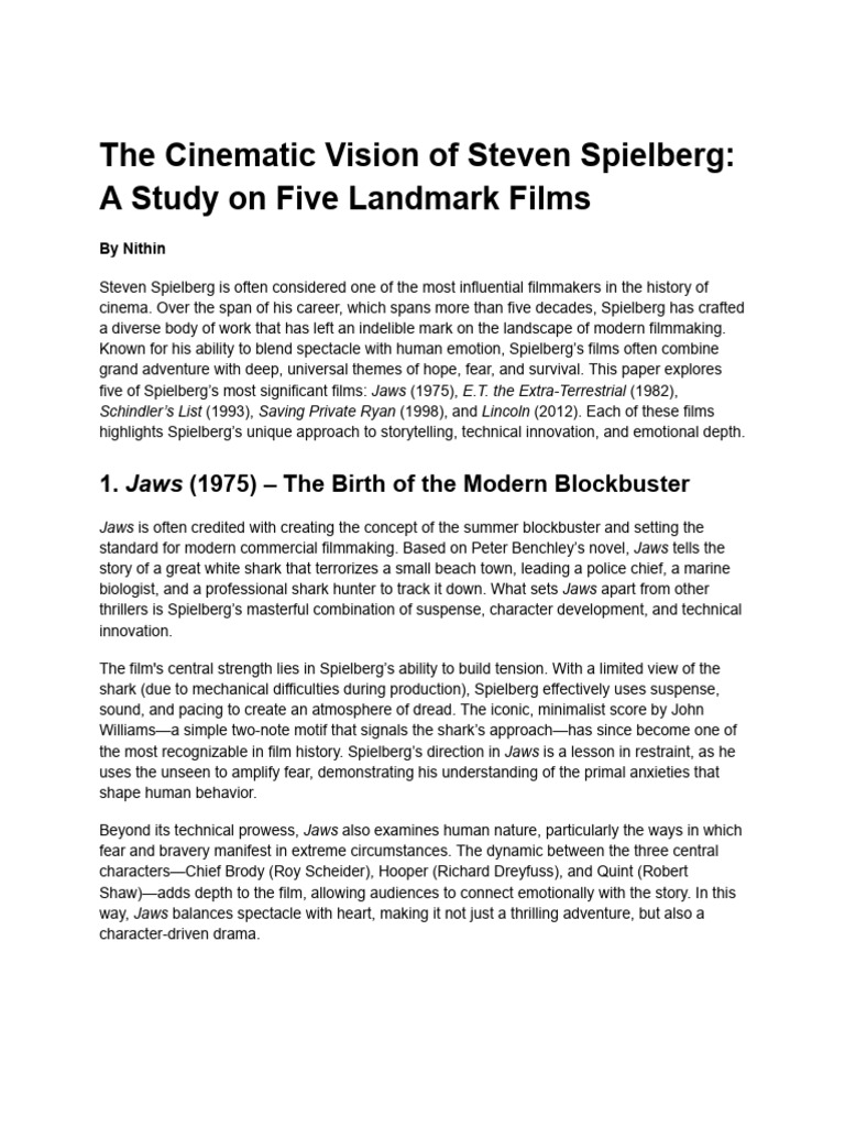 The Cinematic Vision of Steven Spielberg - A Study On Five Landmark Films | PDF