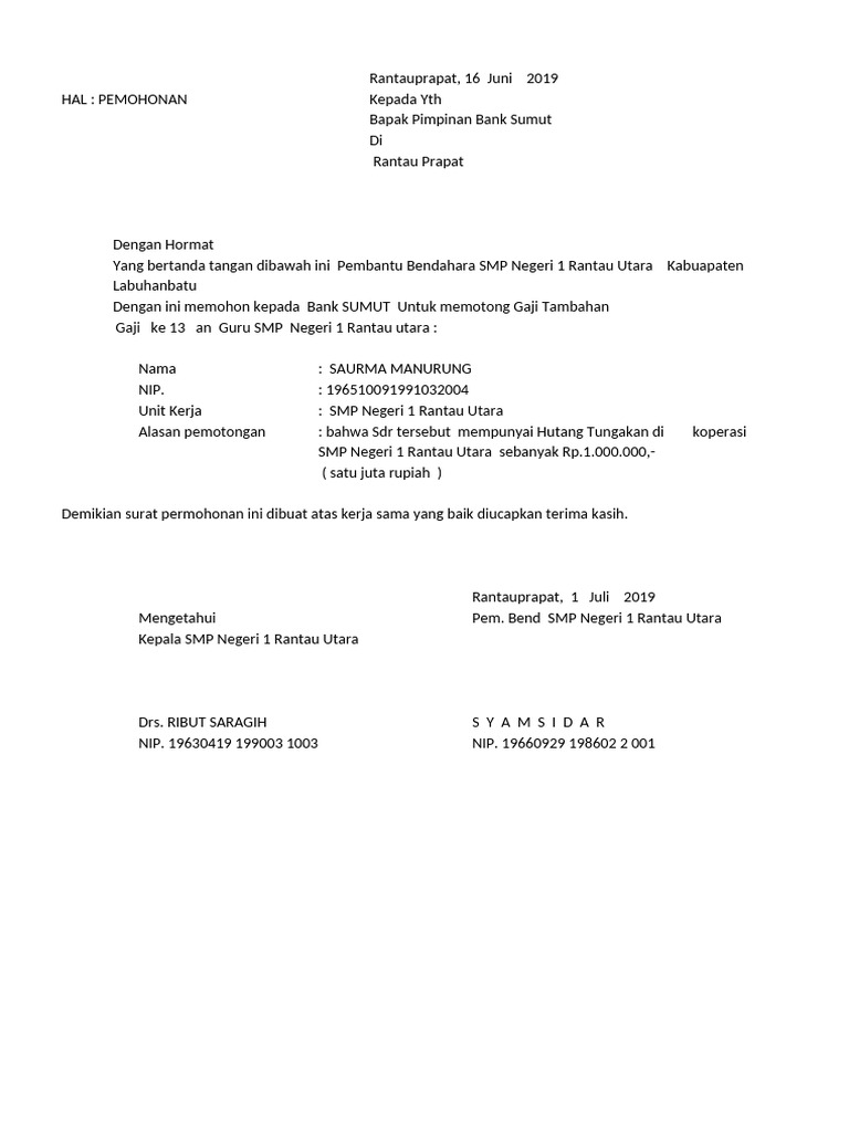 Permohonan Pemotongan Gaji Guru SMP | PDF