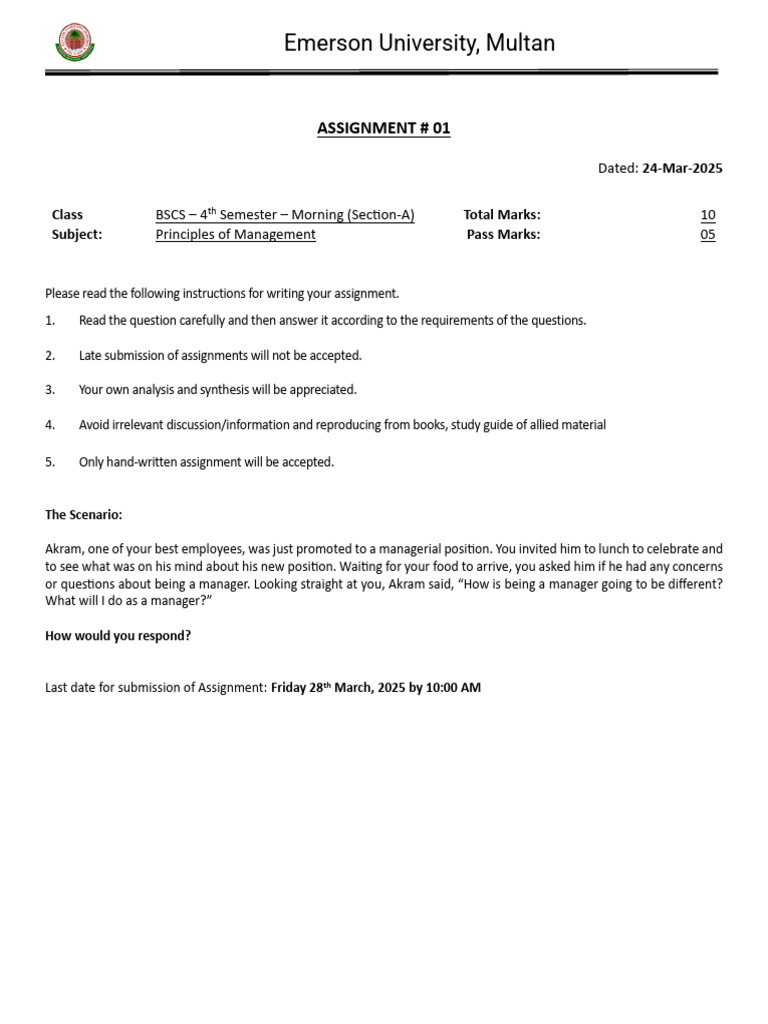EUM BSCS-4th-M Section-A Question Paper - Assignment-01 - Principles of ...