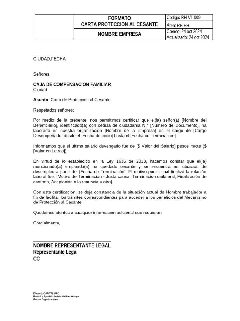 Rh-V1-009 Formato Carta de Proteccion Al Cesante | PDF
