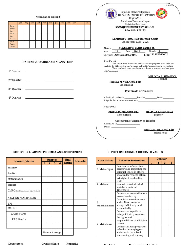 Learner's Progress Report Card 2024-2025 | PDF
