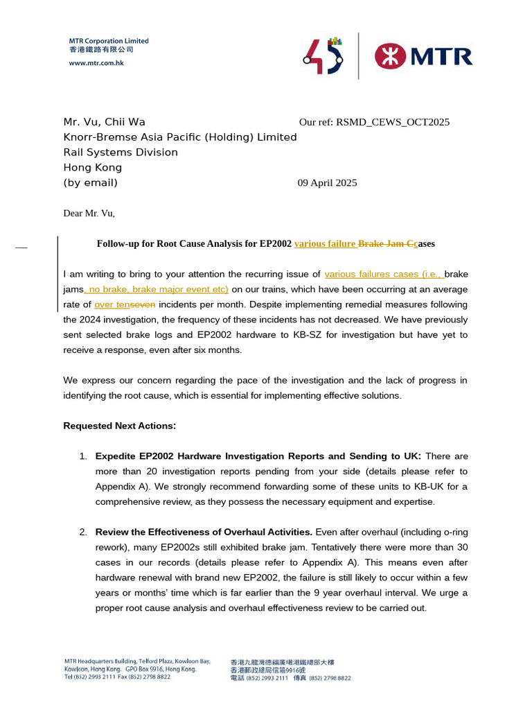 Followup Request For Root Cause Analysis For EP2002 Brake Jam Cases ...