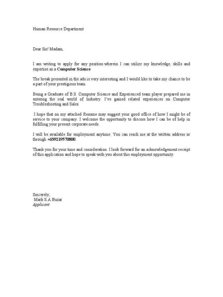 Computer Science Job Application Letter | PDF | Telephone | Microsoft