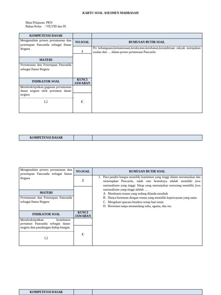 KARTU SOAL PKn (AutoRecovered) | PDF