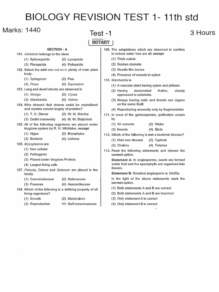 Biology Revision Test 1 | PDF