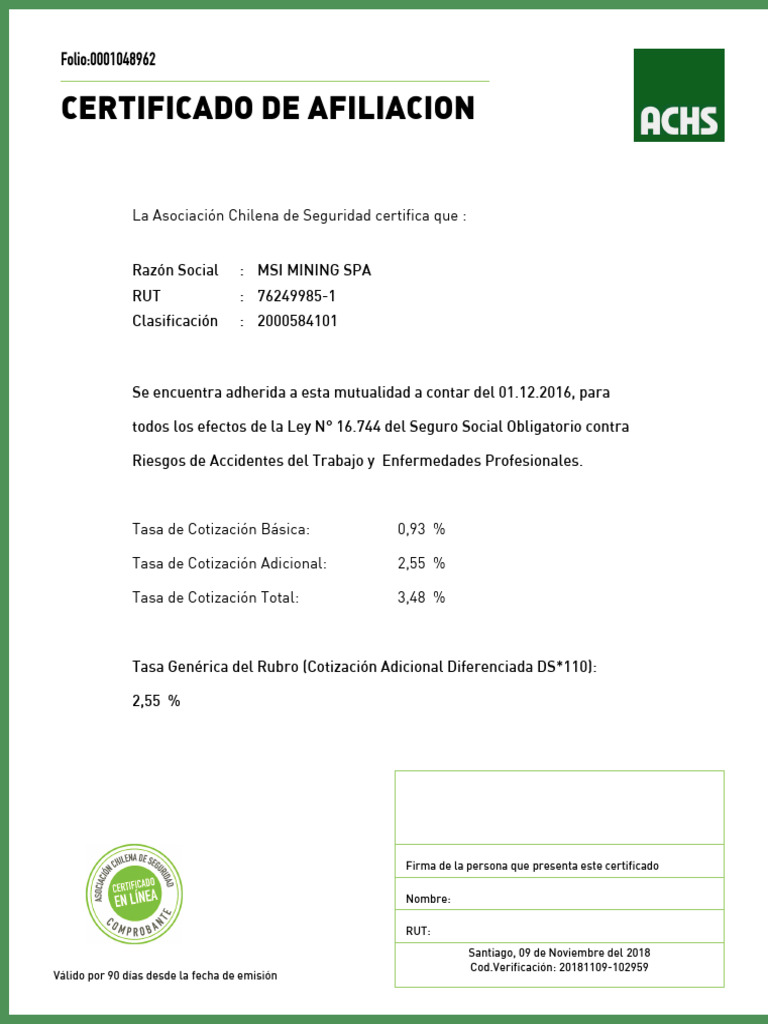 Certificado de Afiliación MSI Mining SPA | PDF