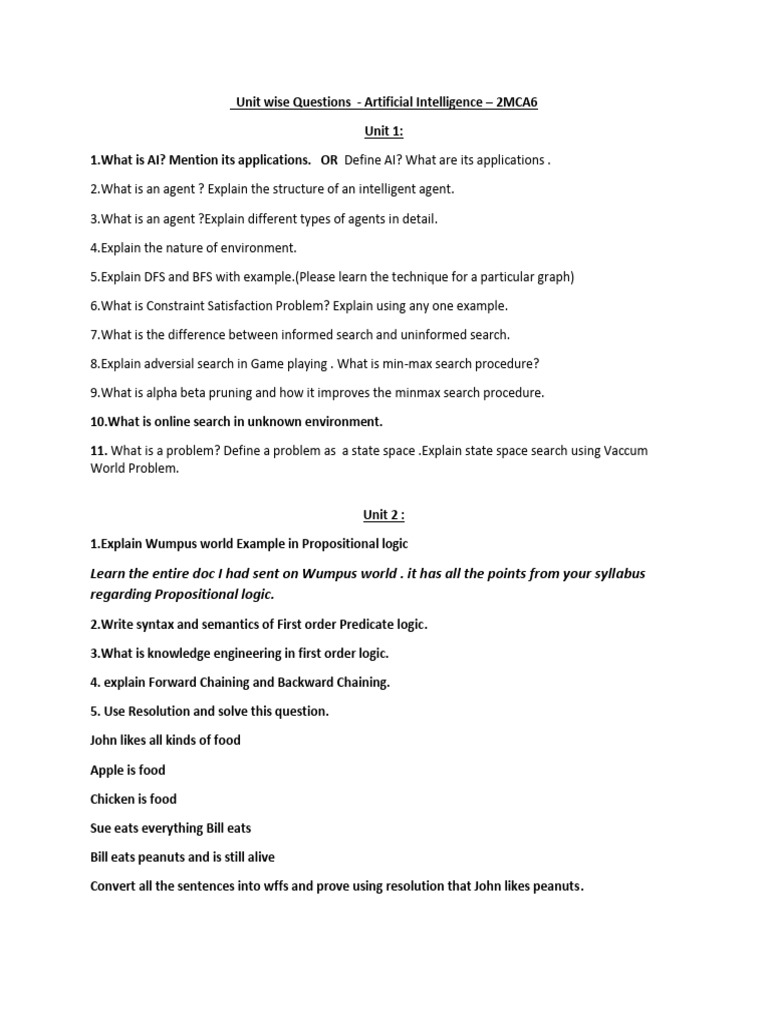 Unit Wise Questions Nov2022 | PDF | Artificial Intelligence ...
