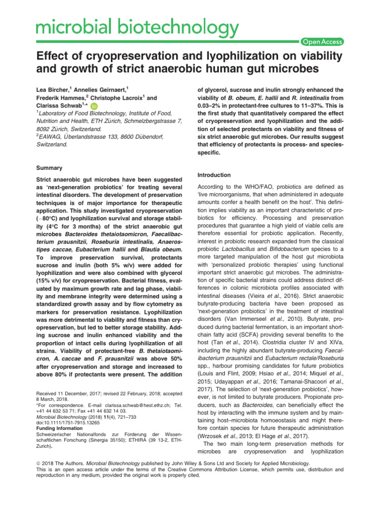 Effect of Cryopreservation and Lyophilization On Viability and Growth of Strict Anaerobic Human ...