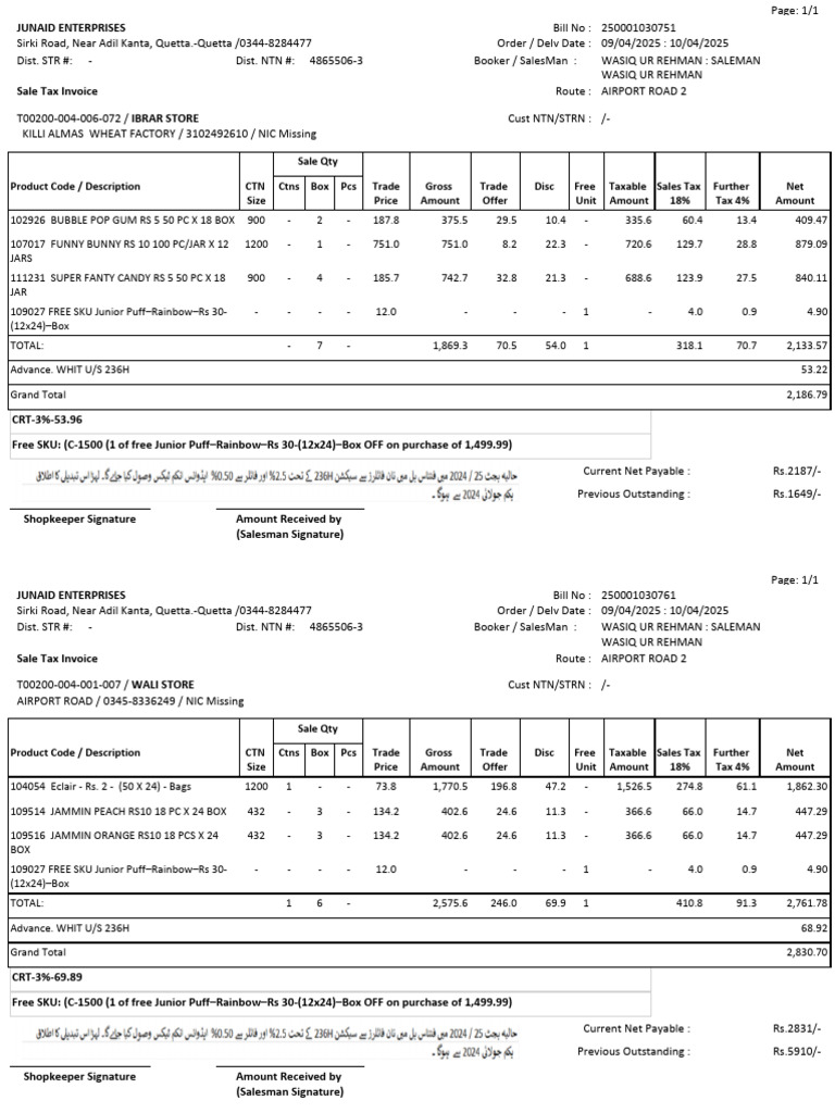 Junaid Enterprises Sales Tax Invoices | PDF | Business | Market (Economics)