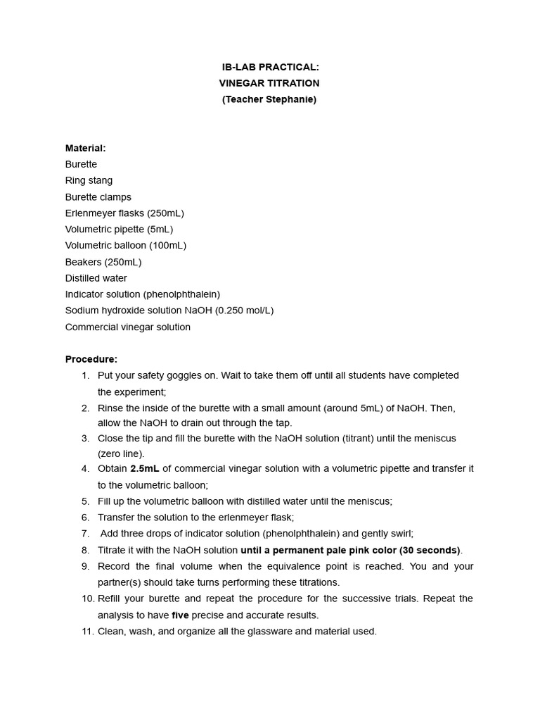 Vinegar Titration Lab Procedure Guide | PDF | Titration | Chemistry