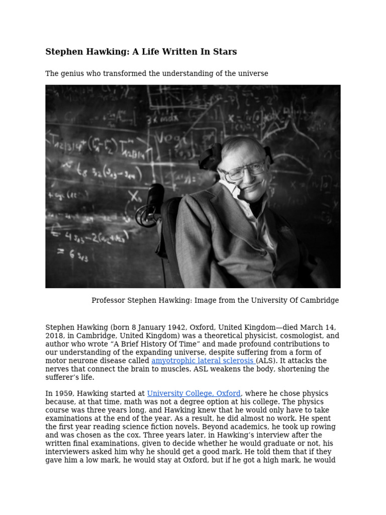 Stephen Hawking - A Life Written in Stars | PDF | Stephen Hawking | Black Hole