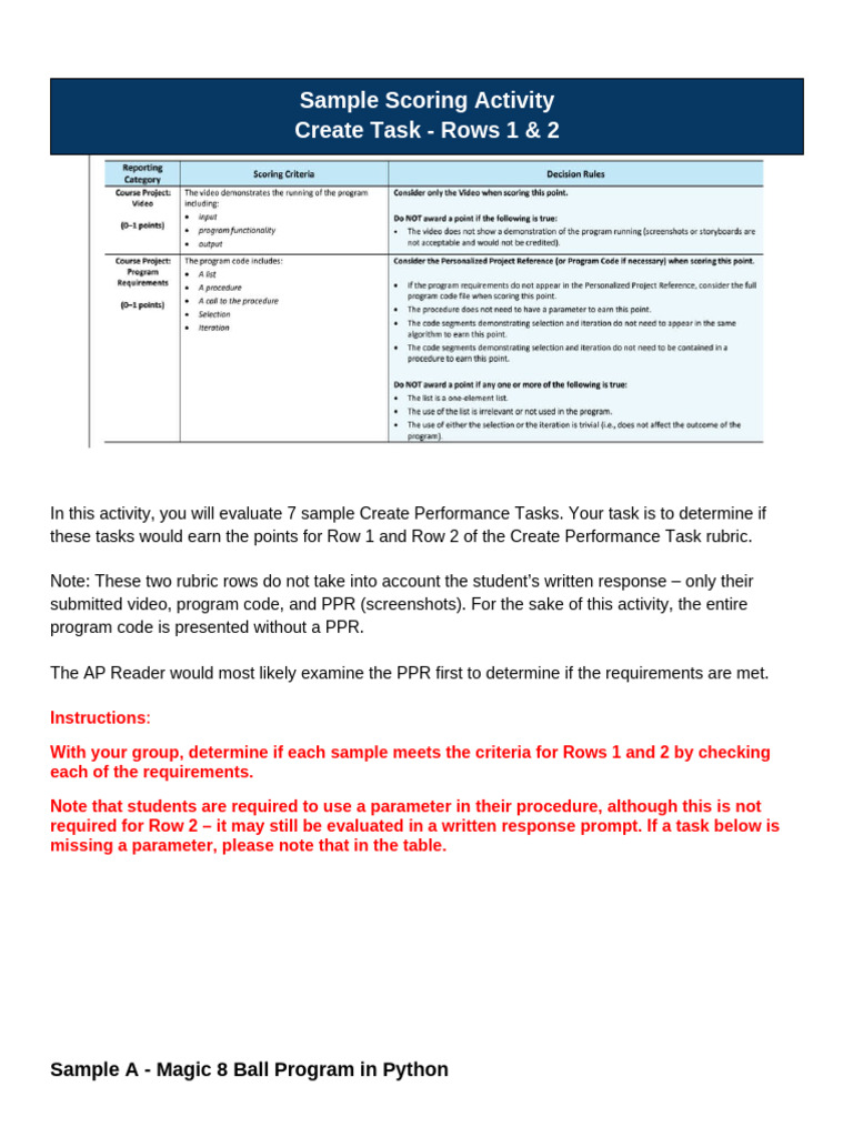 CodeHs Group - Sample Scoring Activity 2025 | PDF | Parameter (Computer Programming) | Computer ...