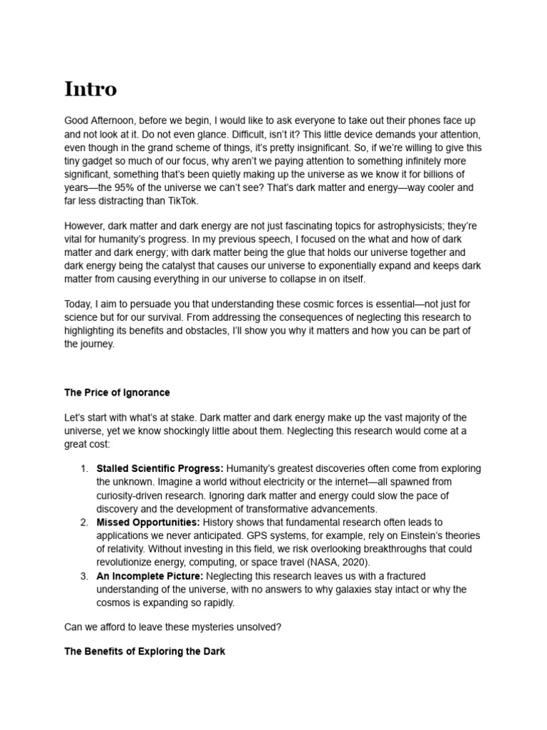 HON Persuasive Speech Manuscript | PDF | Universe | Dark Matter