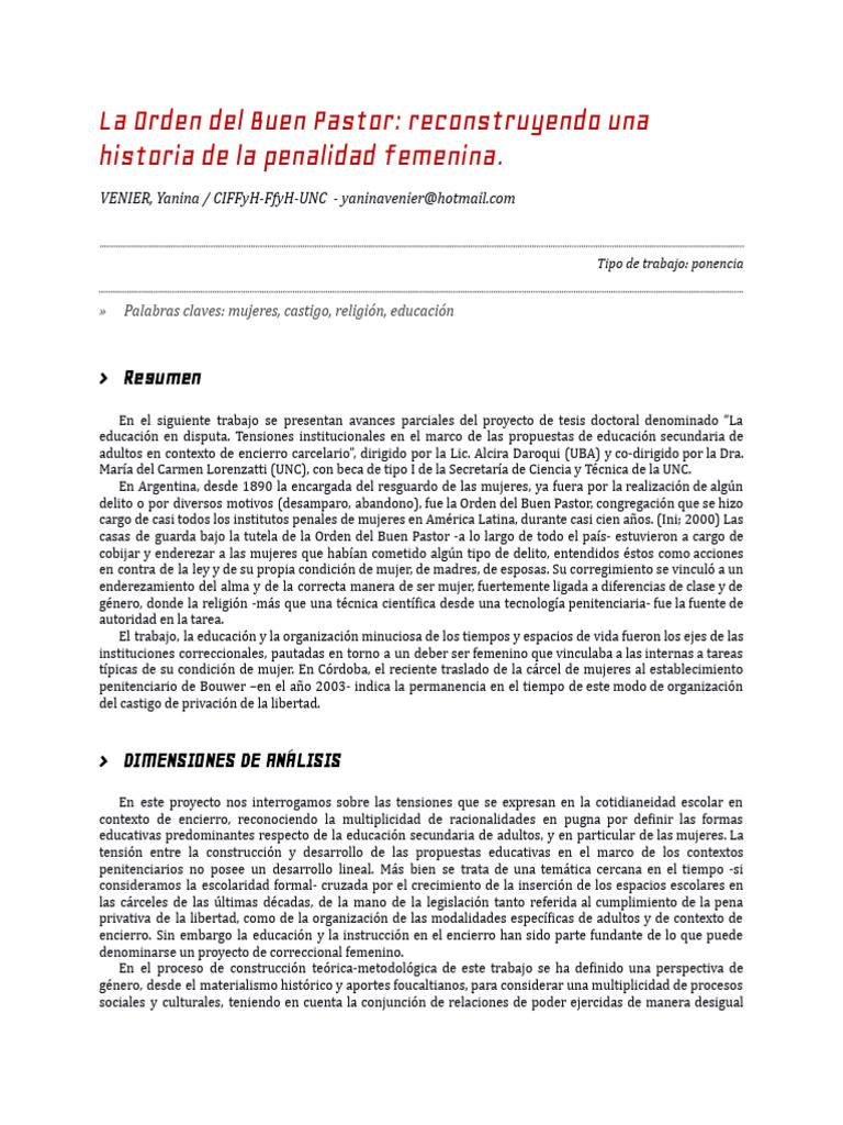 La Orden Del Buen Pastor: Reconstruyendo Una Historia de La Penalidad Femenina. | PDF | Mujer ...