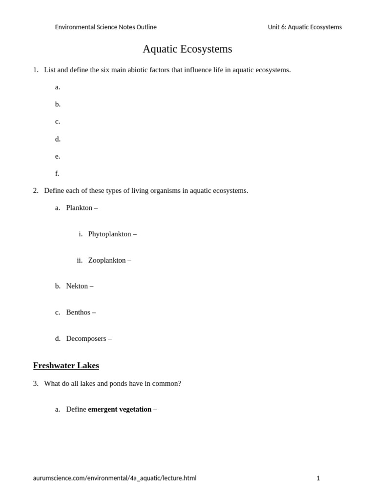 Aquatic Ecosystems Notes Outline | PDF | Coast | Aquatic Ecosystem