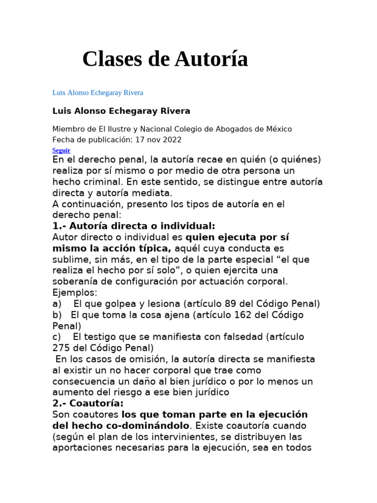 Clases de Autoría | PDF | Intención (Derecho Penal) | Justicia