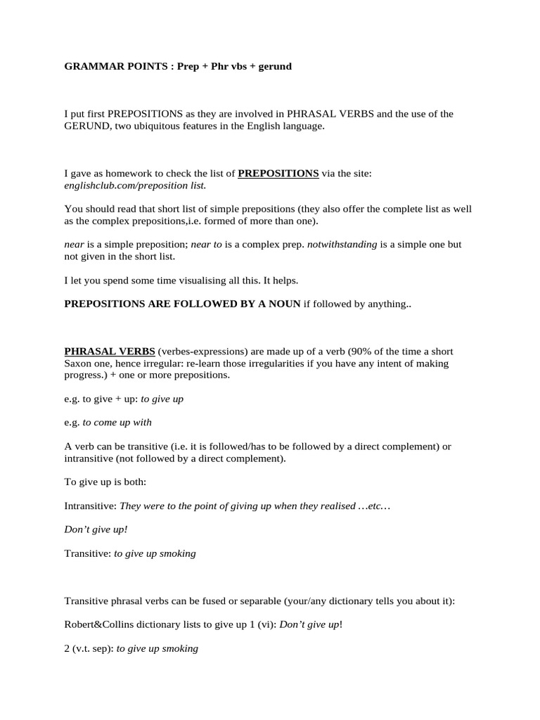 Prepositions, Phrasal Verbs, and Gerunds | PDF | Verb | English Language