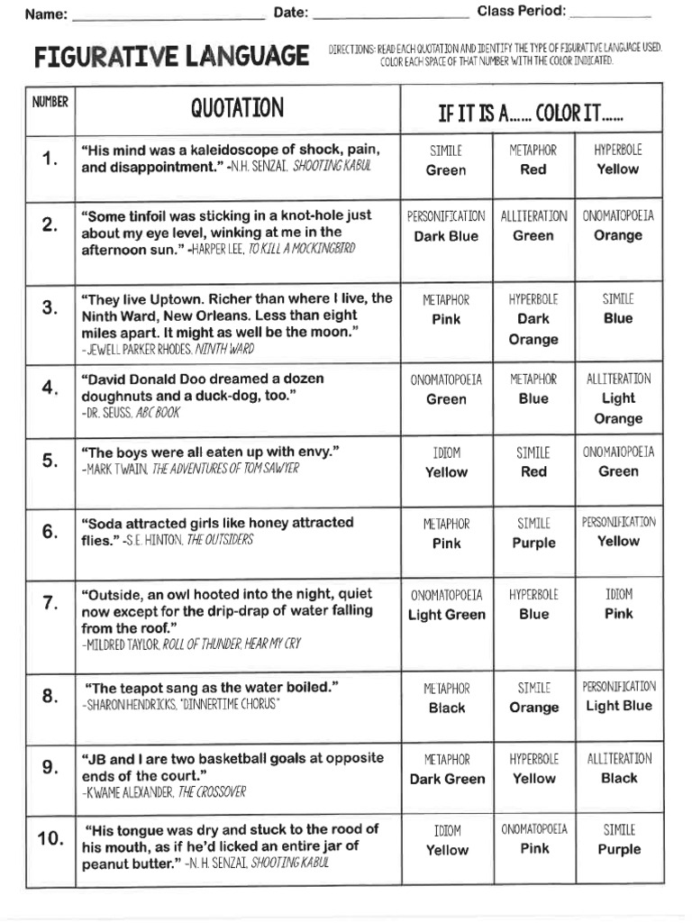 Landon Johnson - Figurative Language Sentences With Color Choice | PDF