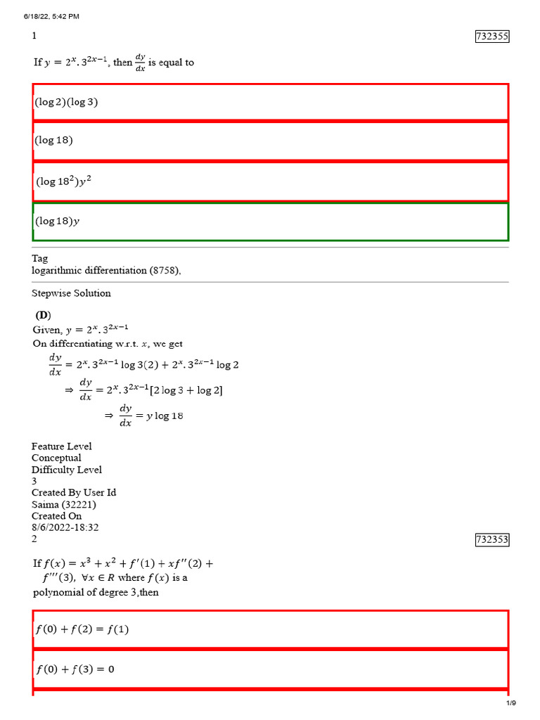 DPP - XII - Math - Methods of Differentiations-4 | PDF | Derivative | Mathematical Relations
